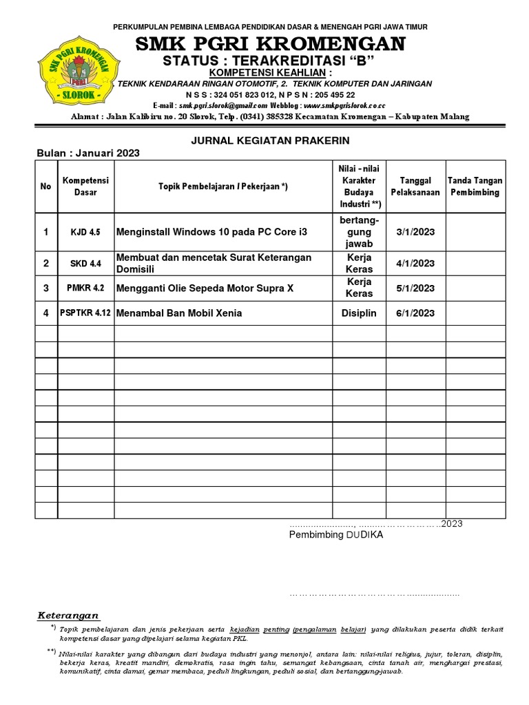 Contoh Pengisian Jurnal PKL | PDF