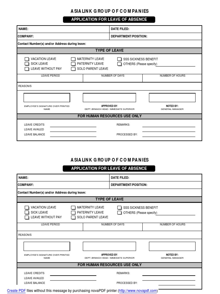 Sample Leave Form | PDF | Parental Leave | Sick Leave