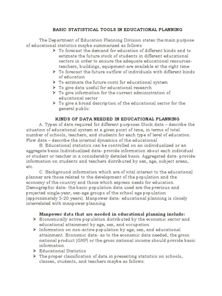 Basic Statistical Tools in Educational Planning | PDF | Mean | Median