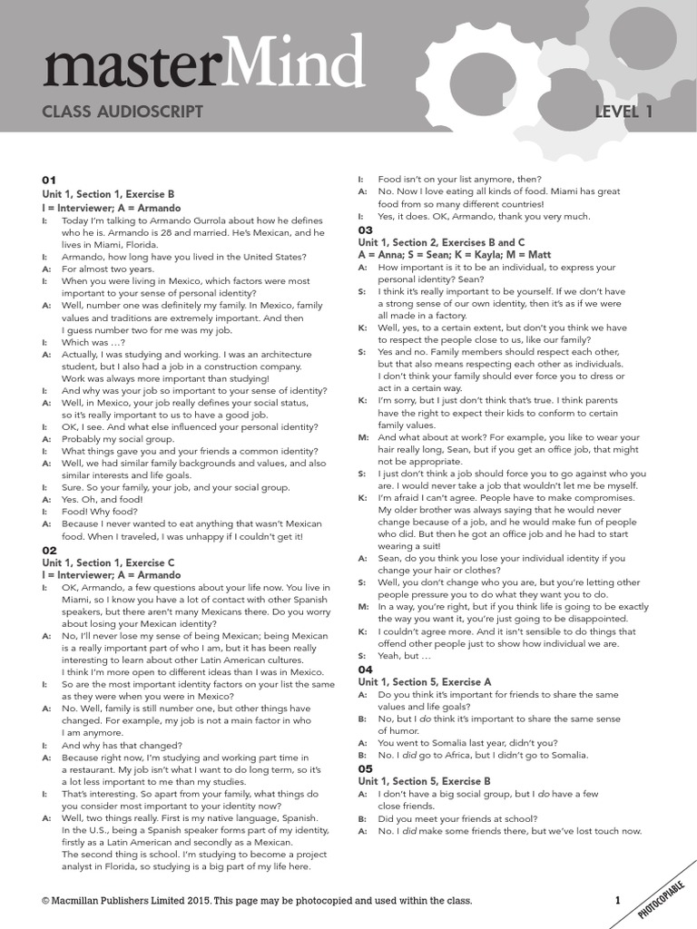 Mastermind 1 Student's Book Audioscript | PDF | Happiness | Water