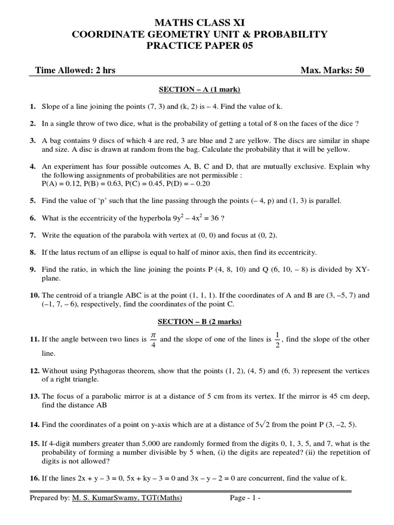 Maths Class Xi Coordinate Geometry Unit Probability Practice Paper 05 | PDF | Ellipse | Mathematics