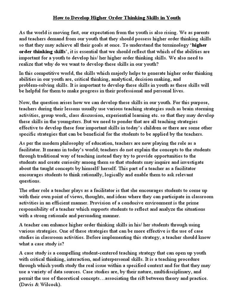 Case Study A Strategy To Develop Higher Order Thinking Skills | PDF ...