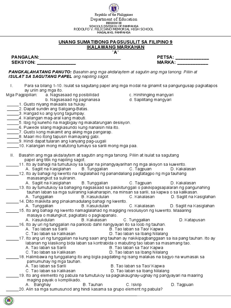 Unang Sumatibong Pagsusulit Sa Filipino 9 | PDF