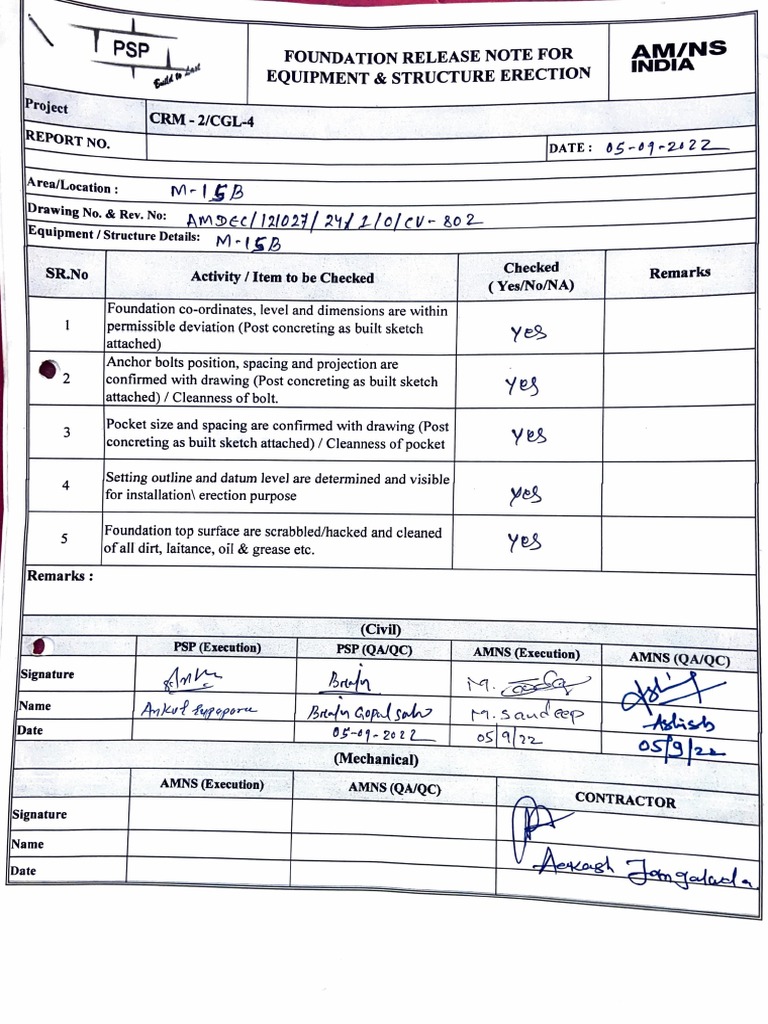 Foundation Release Note for Equipment Erection | PDF