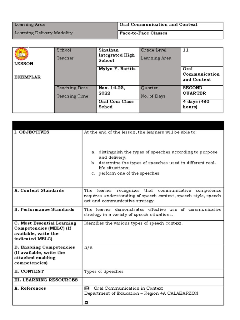 Oral Communication - 8 Types of Speeches | PDF | Teaching Method | Teachers