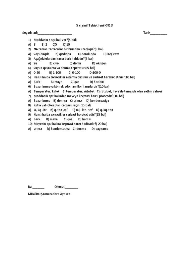 5 Ci Sinif Təbiət Fəni KSQ 3 | PDF