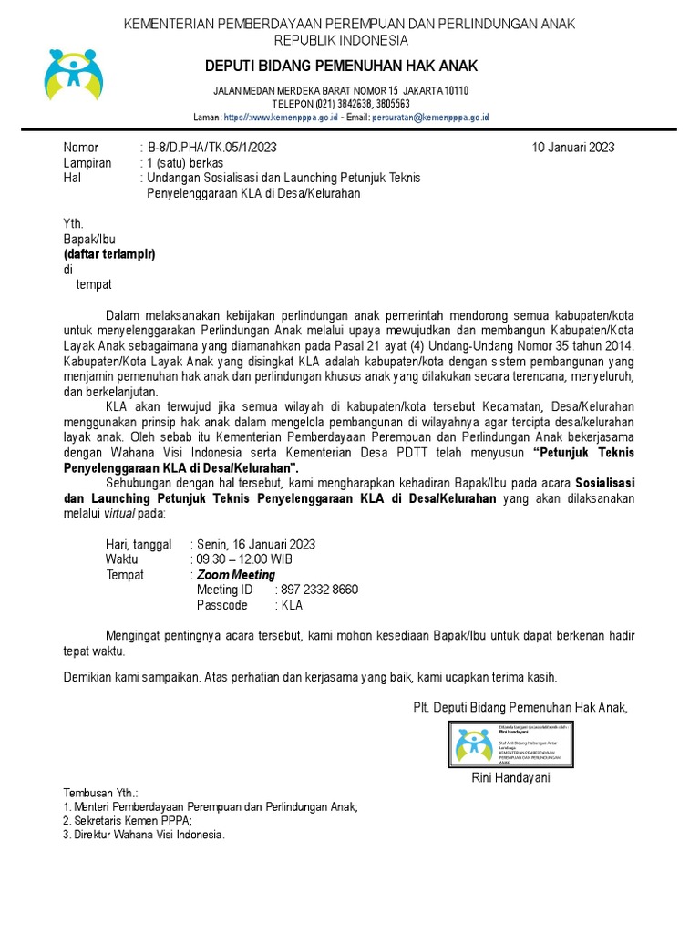 Undangan Sosialisasi Dan Launching Petunjuk Teknis KLA-Final - Sign | PDF