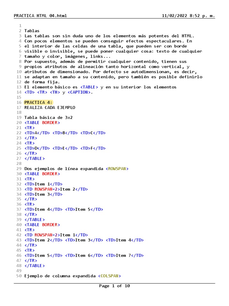 Practica HTML 04 Tablas | PDF