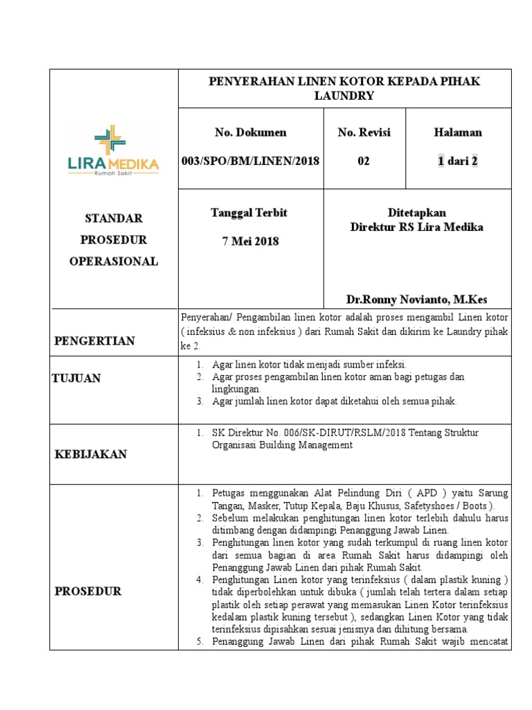SOP - PENYERAHAN LINEN KOTOR KE PIHAK LAUNDRY - Done | PDF