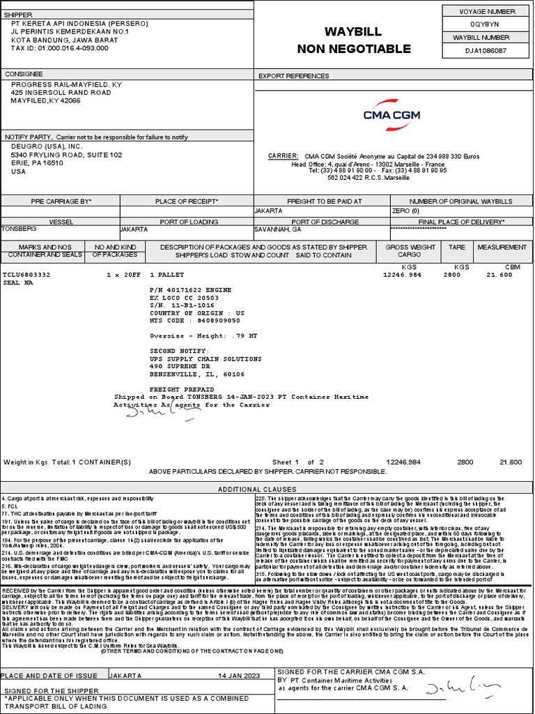 Final SWB DJA1086087 | PDF | Bill Of Lading | Cargo