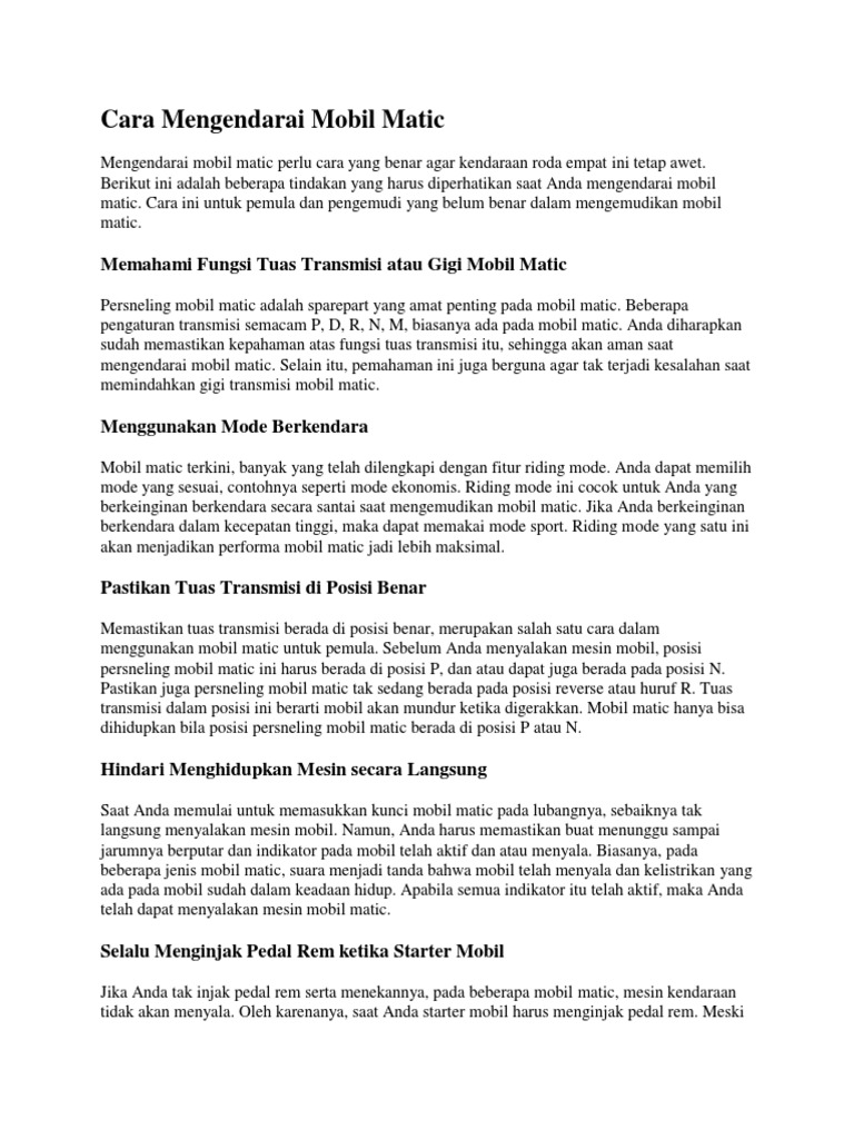 Cara Mengendarai Mobil Matic | PDF
