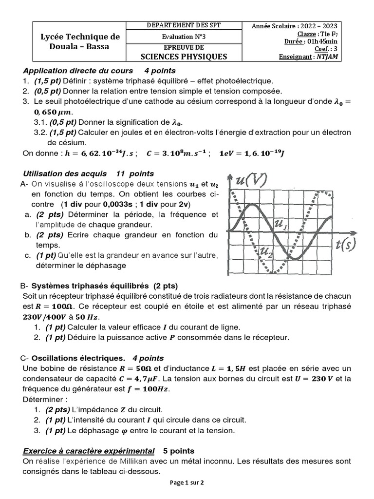 LTDB Physique Tle F7 Evaluation N 3 2022 2023 - 102308 | PDF | Tension électrique | Impédance ...