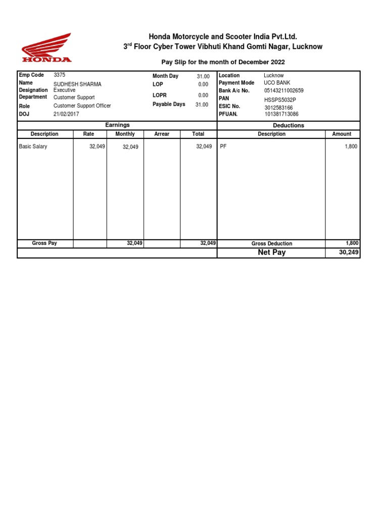 Honda Employee Salary Slip December 2022 | PDF