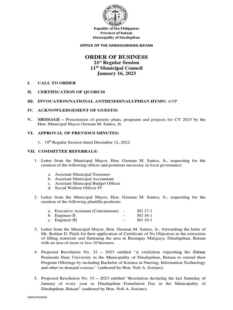 Order of Business | PDF | Government | Philippines