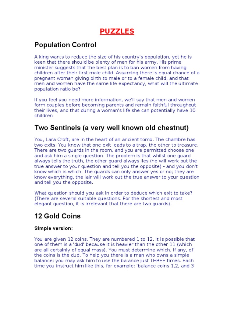 Population Control: Puzzles | PDF