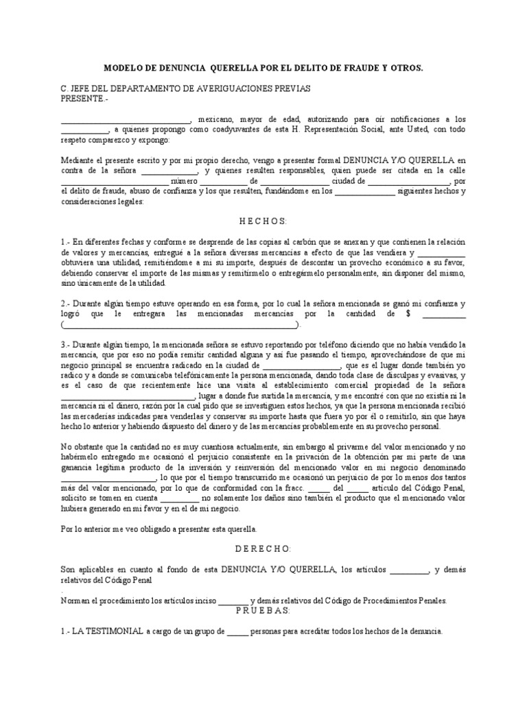 Modelo de Denuncia Querella Por El Delito de Fraude y Otros | PDF | Queja | Justicia