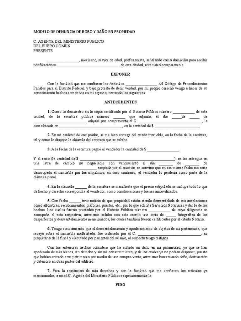 Modelo De Denuncia De Robo Y Daño En Propiedad Pdf Ley Común Justicia