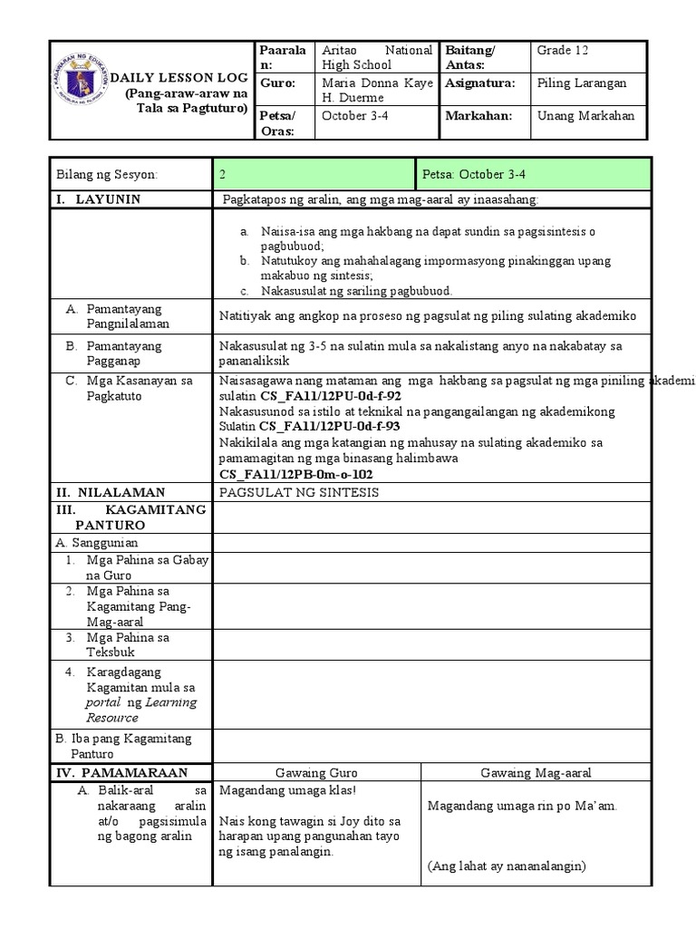 Pagsulat NG Sintesis October 3-4 | PDF