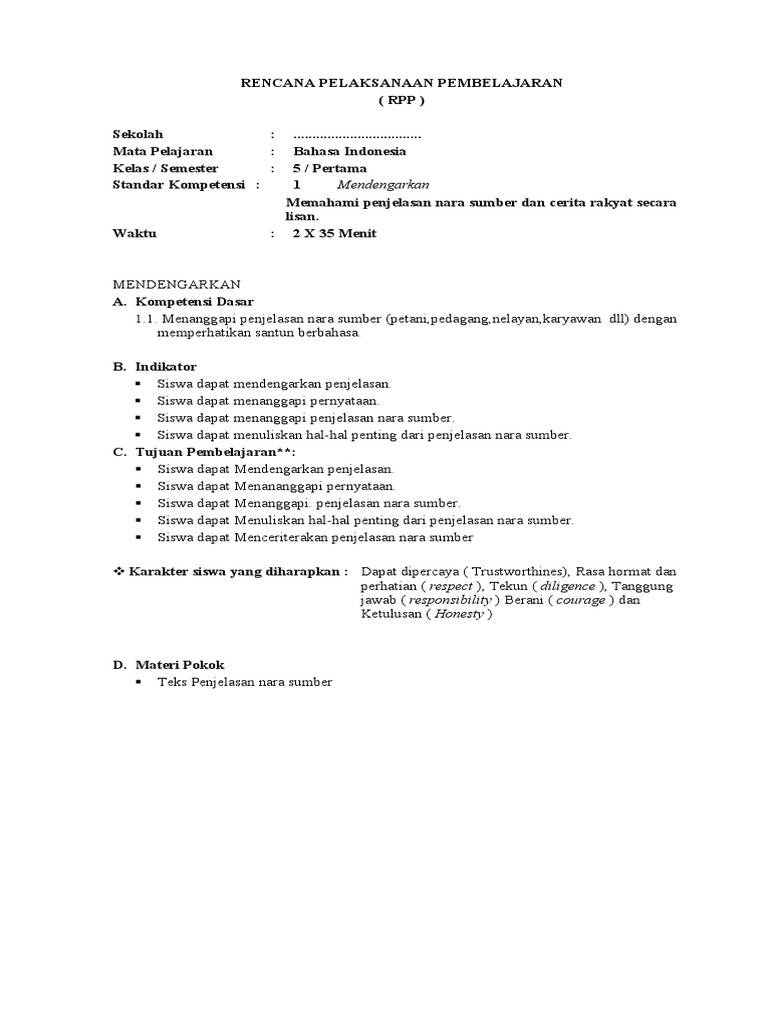 RPP Bahasa Indonesia Kelas 5 | PDF | Karier & Perkembangan