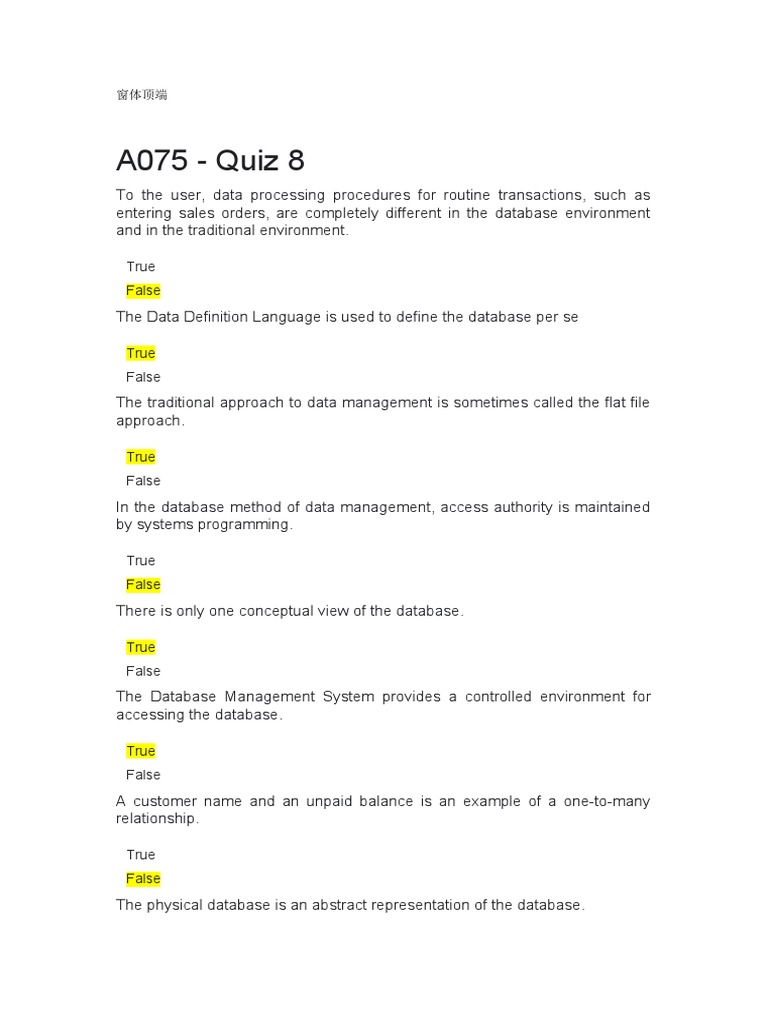 Ais Quiz 8 | PDF | Databases | Relational Model
