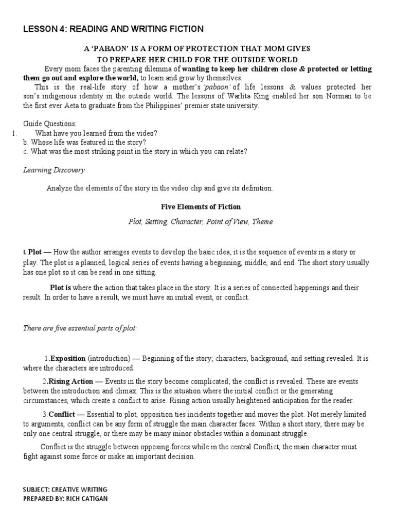 Elements of Fiction in Creative Writing | PDF | Narration | Plot ...