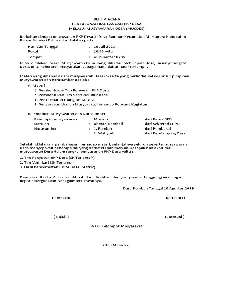 Berita Acara Musdes Penyusunan Rancangan RKP Desa | PDF
