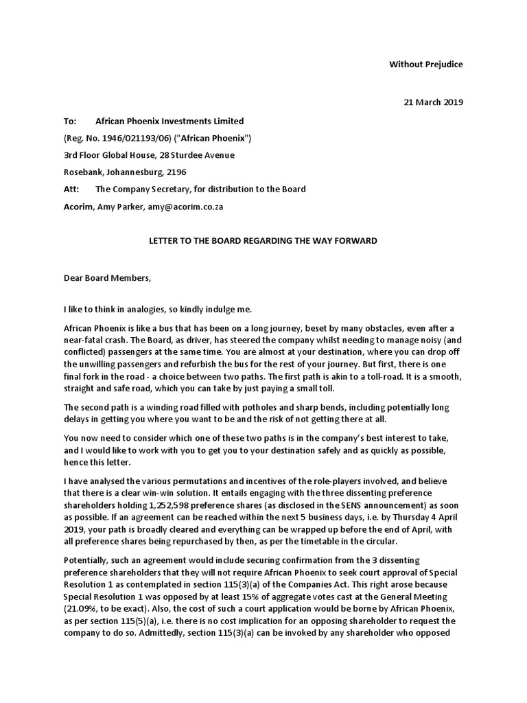 JP Verster's Letter To African Phoenix | PDF | Preferred Stock | Share Repurchase