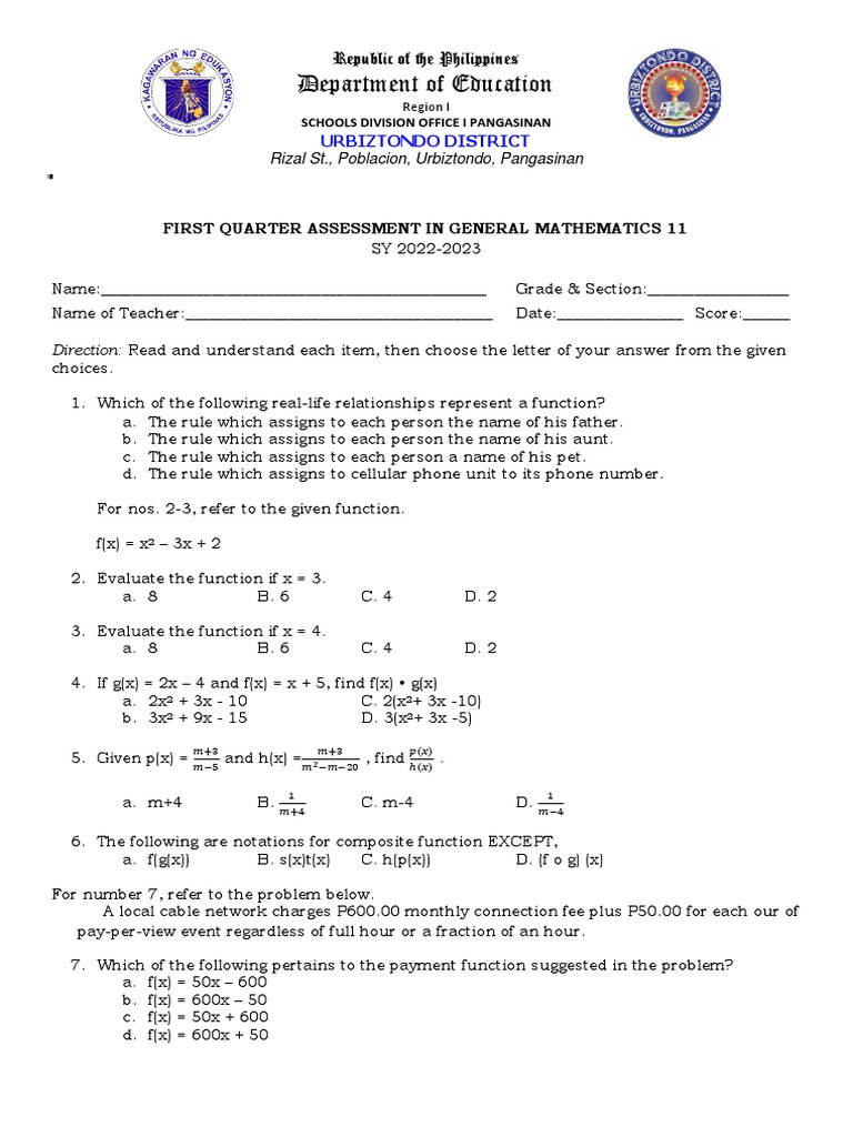 General Mathematics 11 1st Quarter Assessment SY 2022 2023 | PDF ...