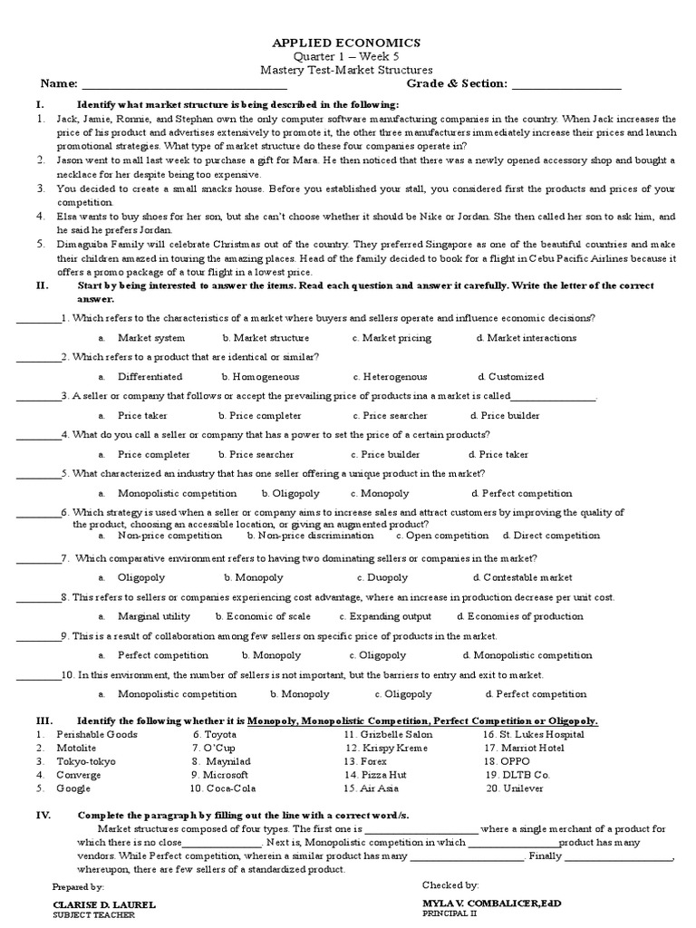 Mastery Test-Market Structures | PDF