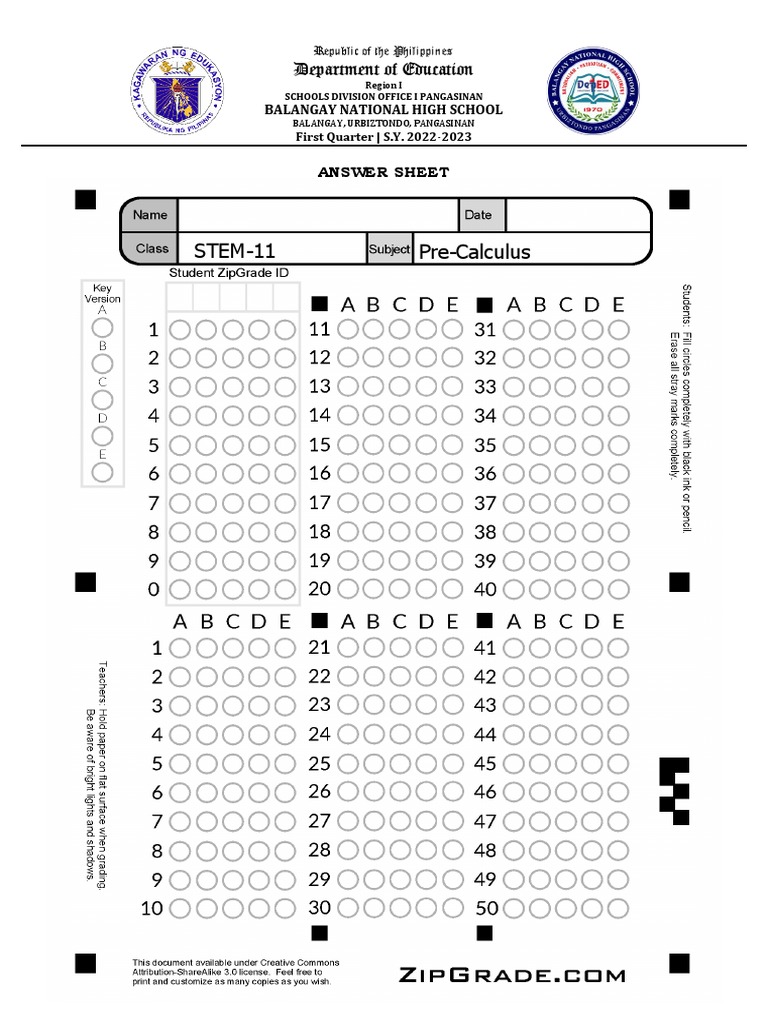 ZipGrade Answer Sheets | PDF