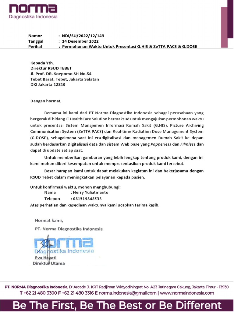 149 Surat Permohonan Waktu Presentasi SIMRS PACS GDOSE RSUD TEBET | PDF | Bisnis