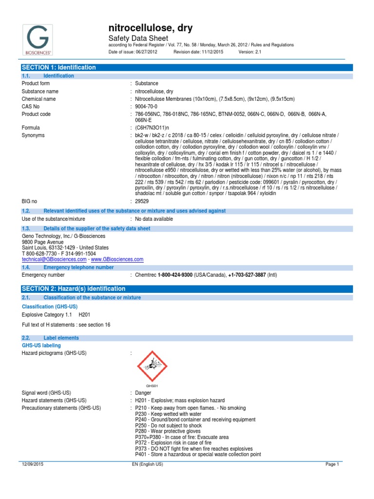 Nitro Cellulose MSDS 1 | PDF | Firefighting | First Aid