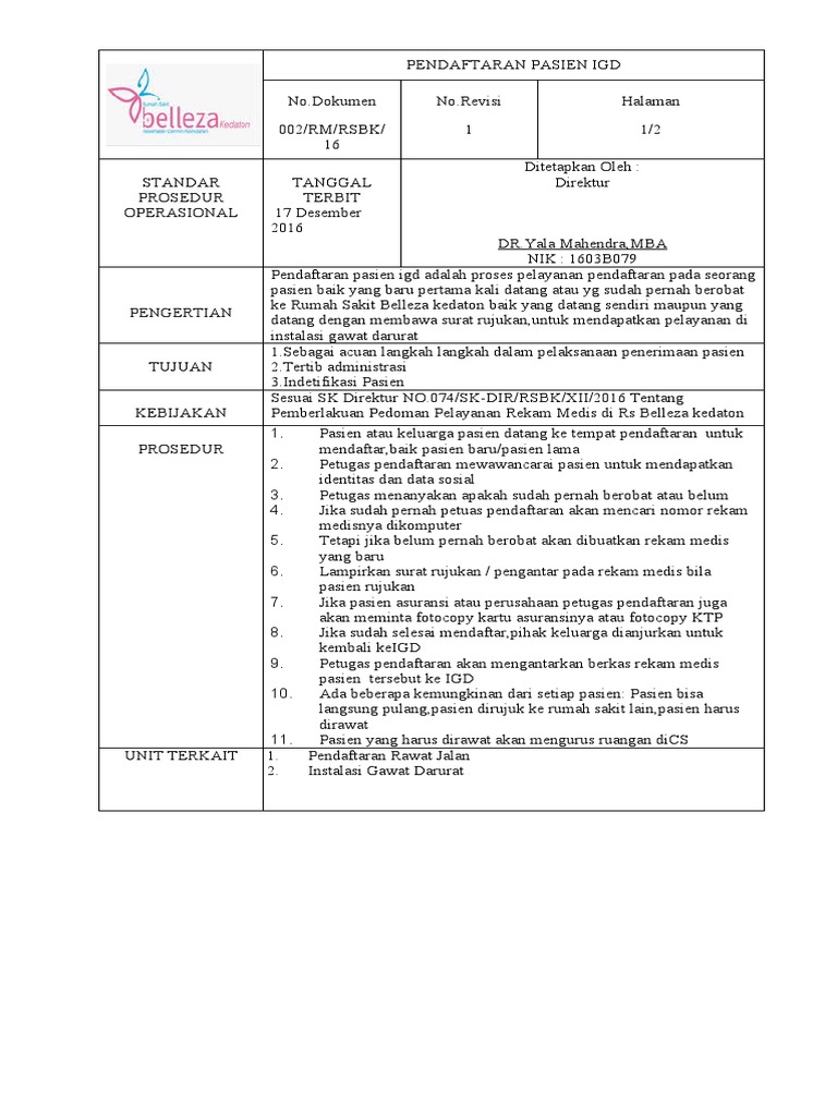 10.sop Pendaftaran Pasien Igd | PDF