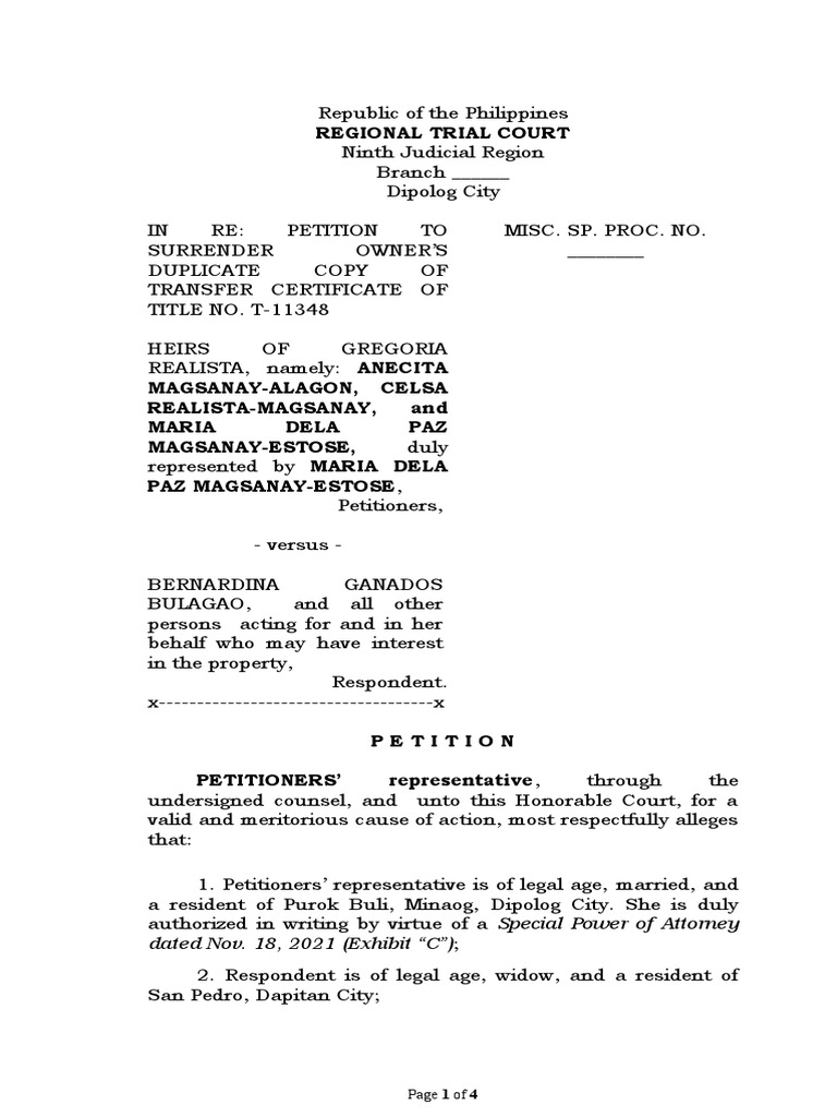 Petition-To-Surrender-Title Estose | PDF | Government | Justice