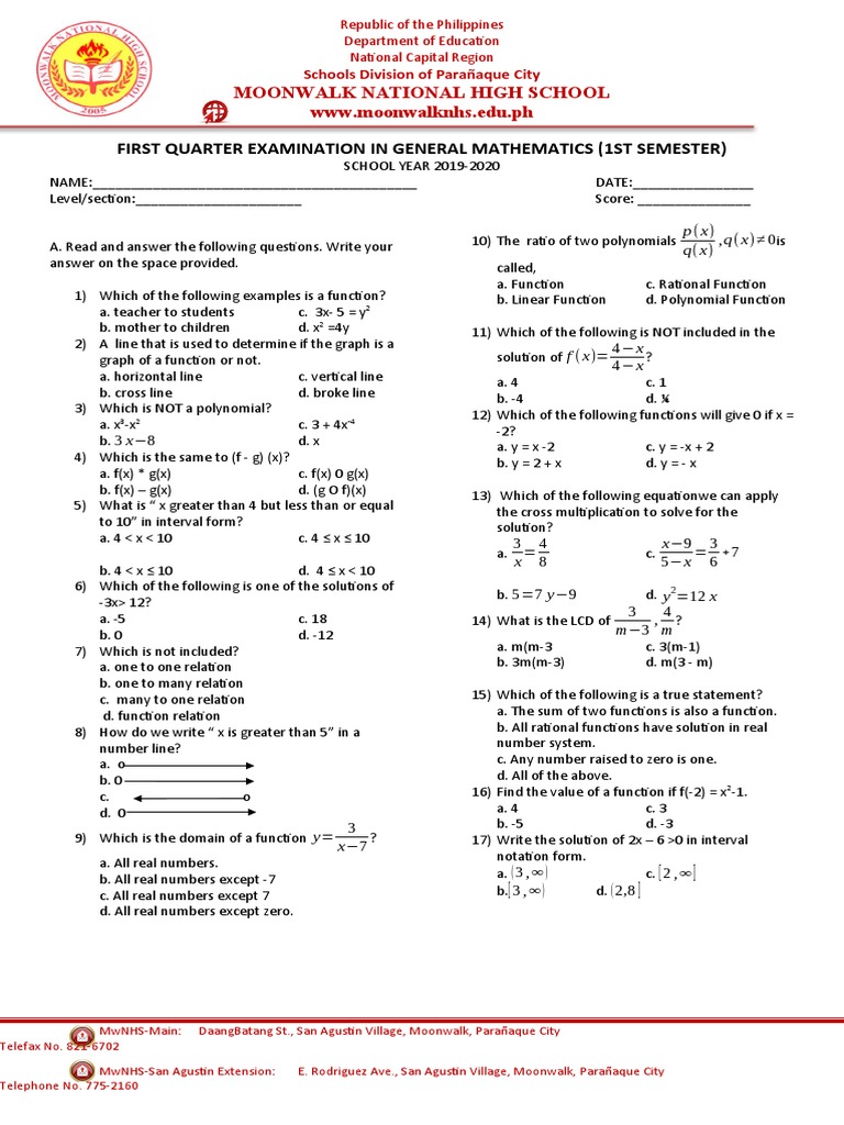 General Mathematics Exam 1st Quarter | PDF | Function (Mathematics ...