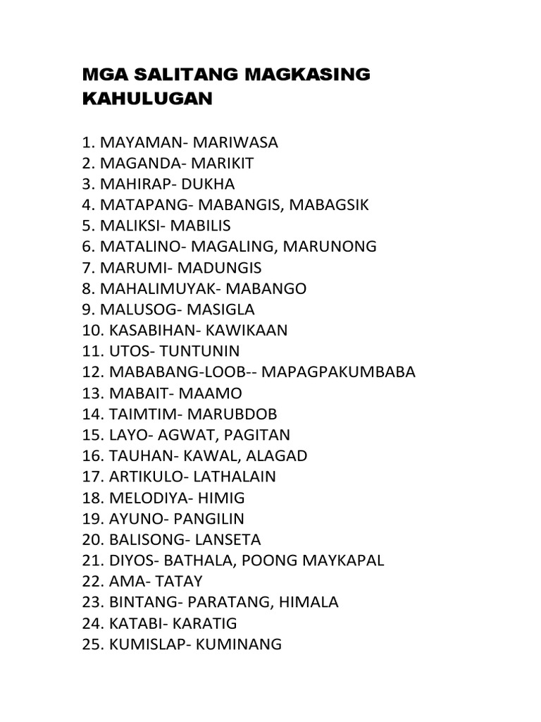 Mga Salitang Magkasing Kahulugan | PDF