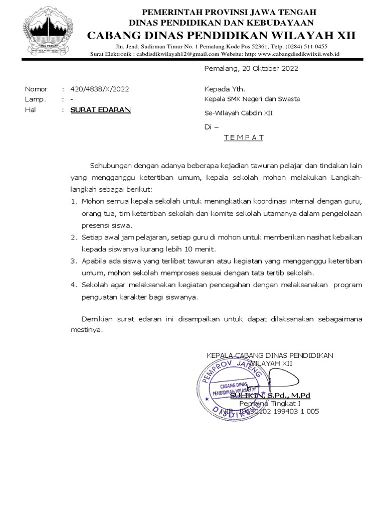 Surat Edaran Tindakan Pencegahan Tawuran | PDF