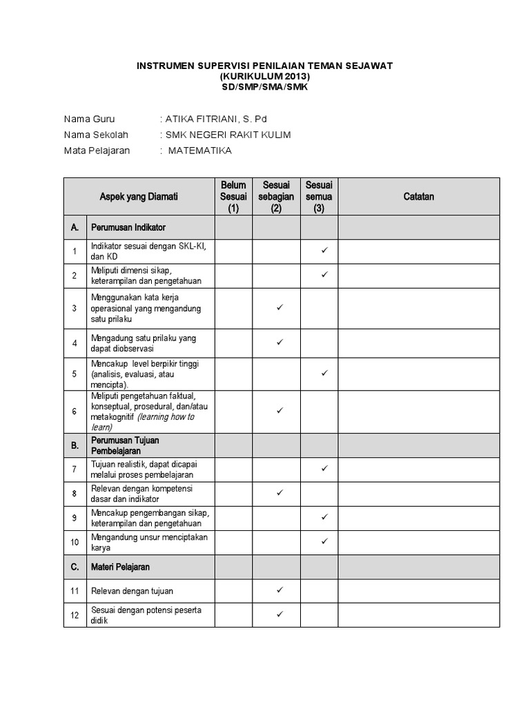 Instrumen Supervisi Penilaian Teman Sejawat | PDF