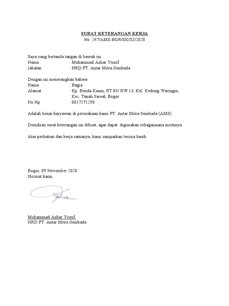 Surat Keterangan Kerja Karyawan AMS | PDF