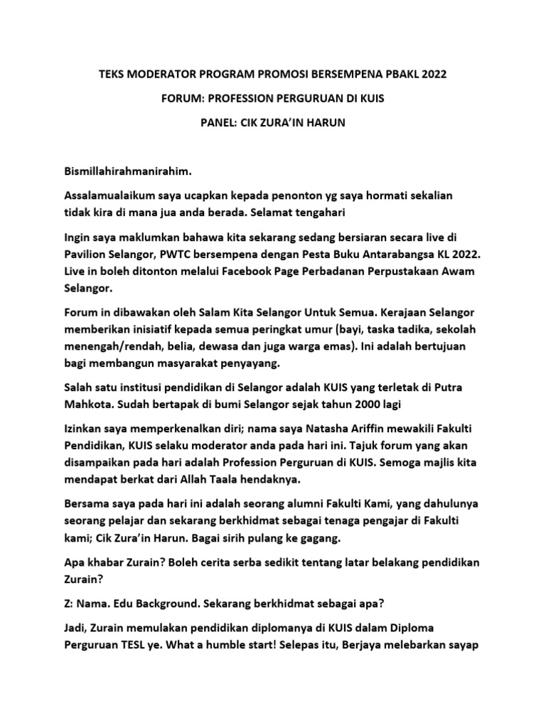 Draft 1 Talking Point Moderator Pesta Buku 2022 | PDF