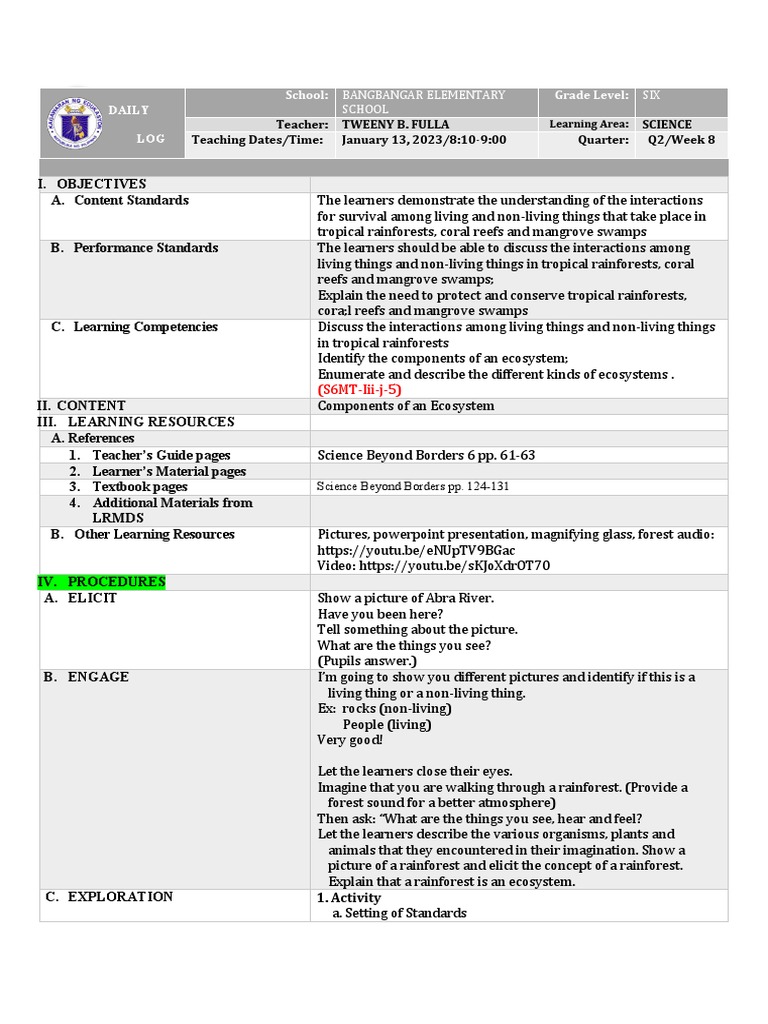 Grade 6 Science Ecosystems Lesson | PDF | Ecosystem | Learning