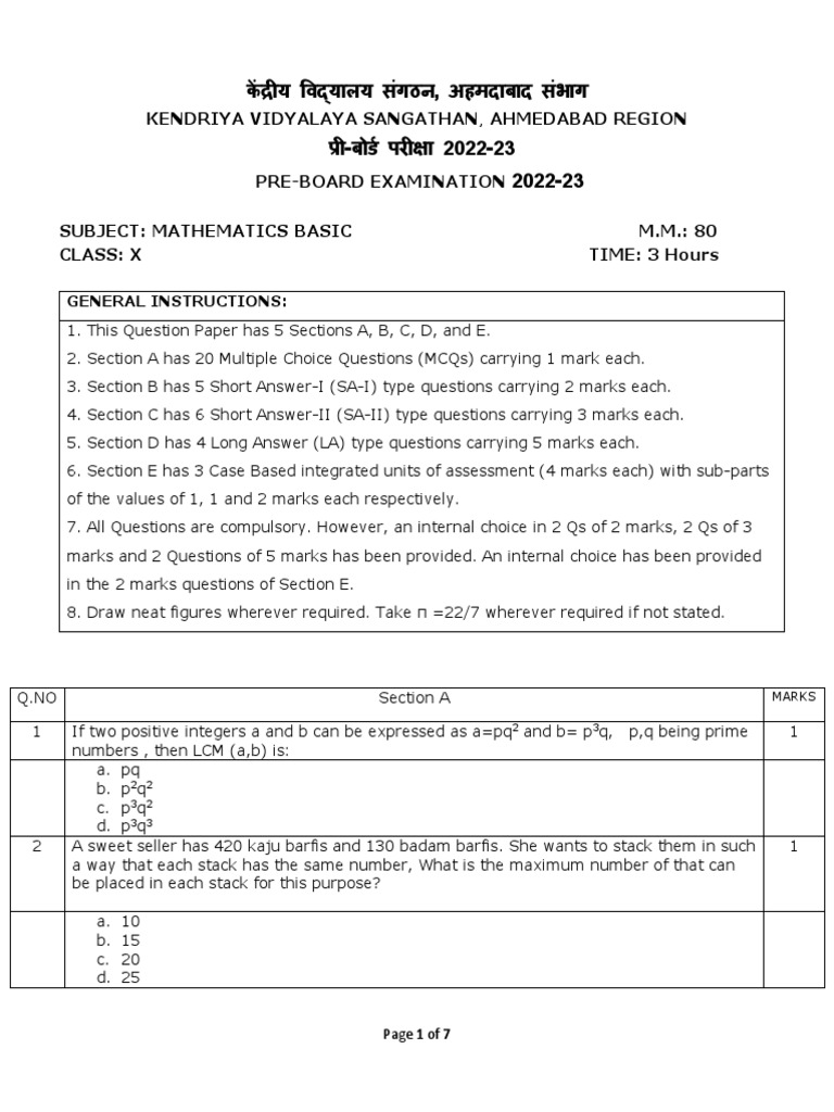 Set A Qp-Class X Maths Basic | PDF | Area | Circle