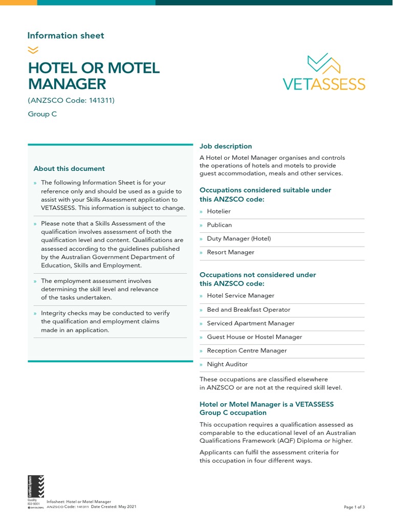 Hotel or Motel Manager Skills Guide | PDF | Hotel