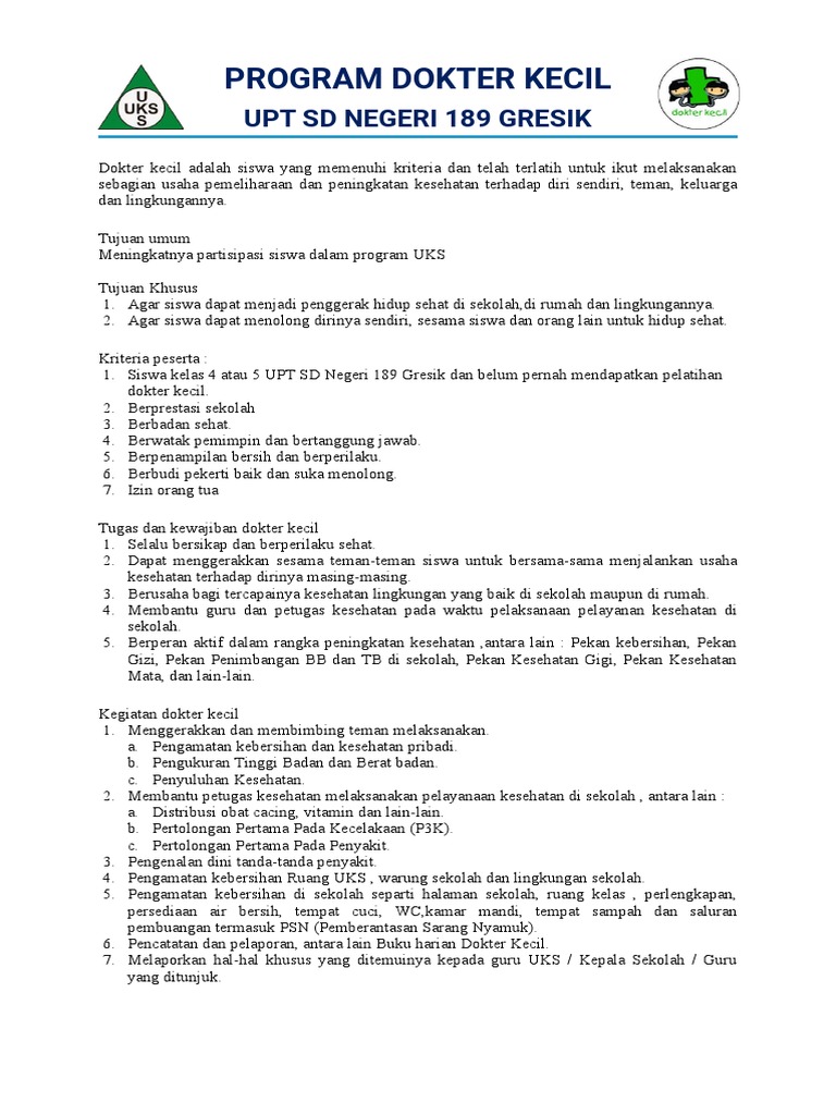Dokter Kecil SD 189 Gresik: Program UKS | PDF