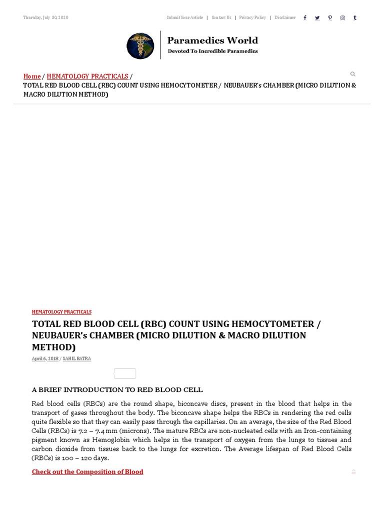 RBC Count Using Hemocytometer Methods | PDF | Red Blood Cell | Blood Cell