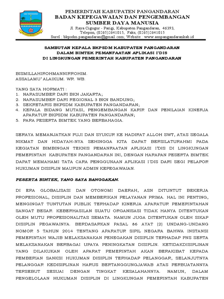 Sambutan Kepala BKPSDM Bimtek Idis | PDF