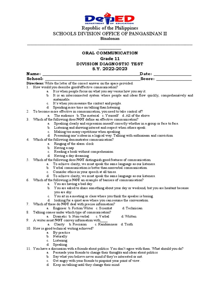 Grade 11 Oral Communication Test | PDF | Communication | Nonverbal ...