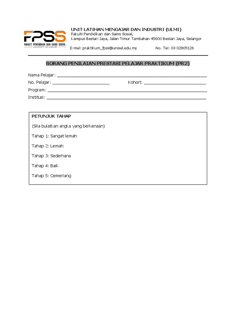 Borang Penilaian Prestasi Pelajar Praktikum (PR2) | PDF