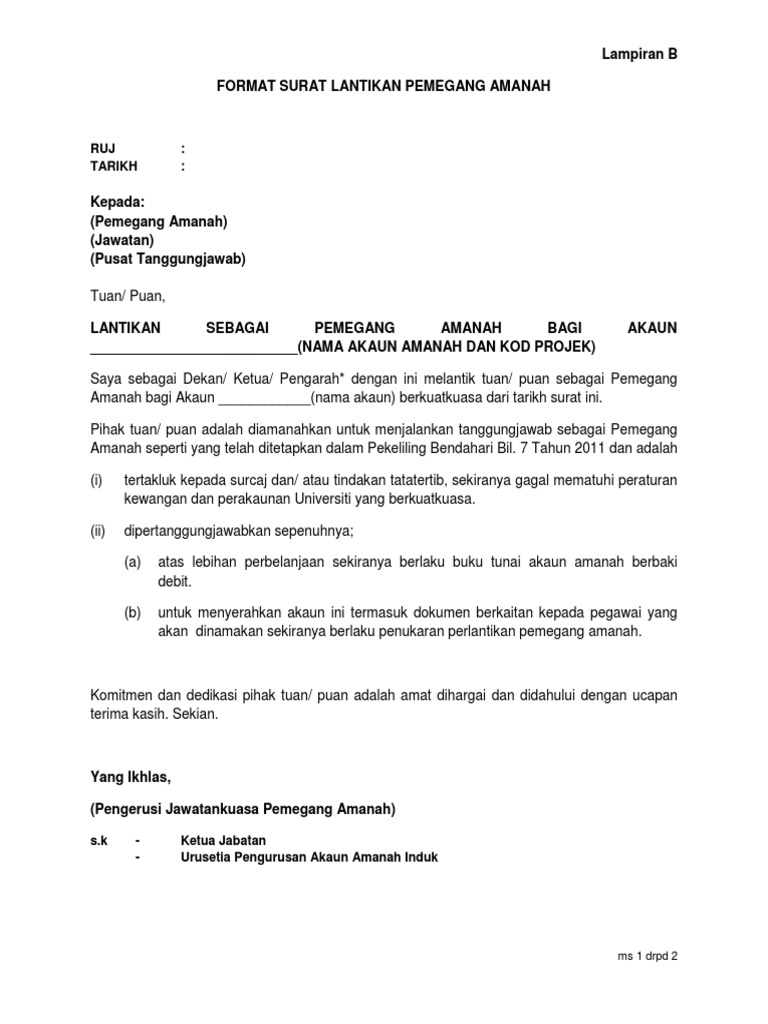B. Format Surat Lantikan Pemegang Amanah BENPC Lampiran B | PDF