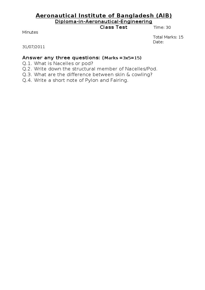 AIB Aeronautical Engineering Class Test | PDF